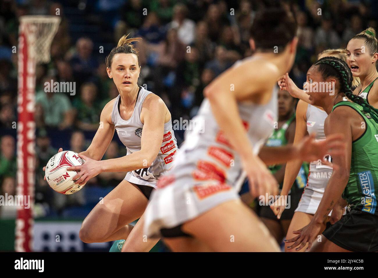 Gabrielle Sinclair of the Magpies during the Round 12 Super Netball ...
