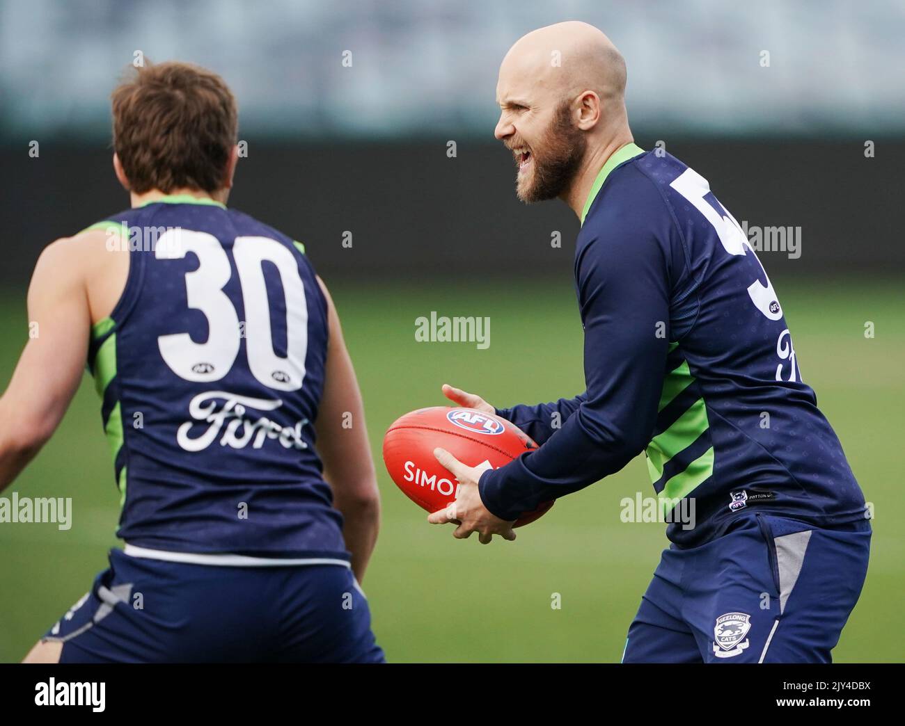 Gary Ablett of the Cats looks upfield during a Geelong Cats training ...