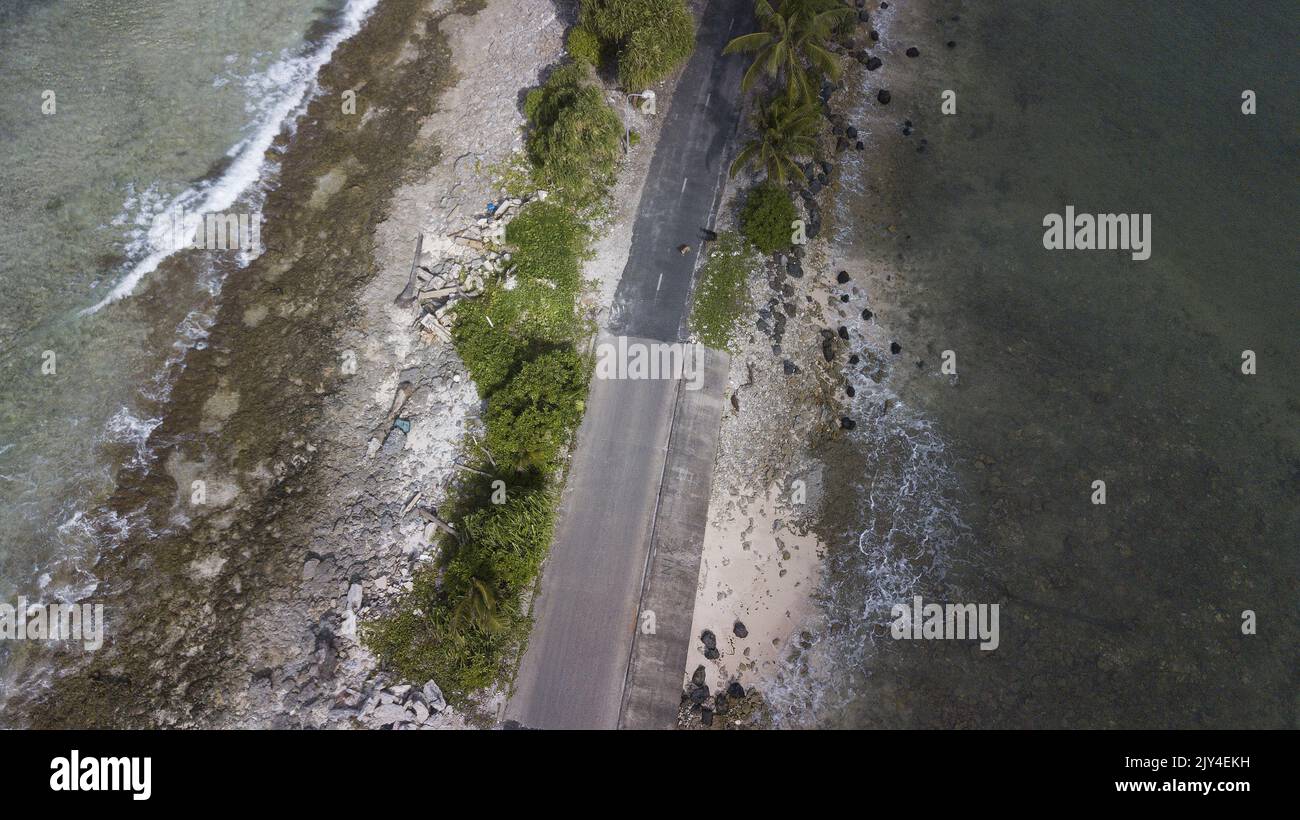 An aerial view of the of the narrowest part of the island is seen north ...