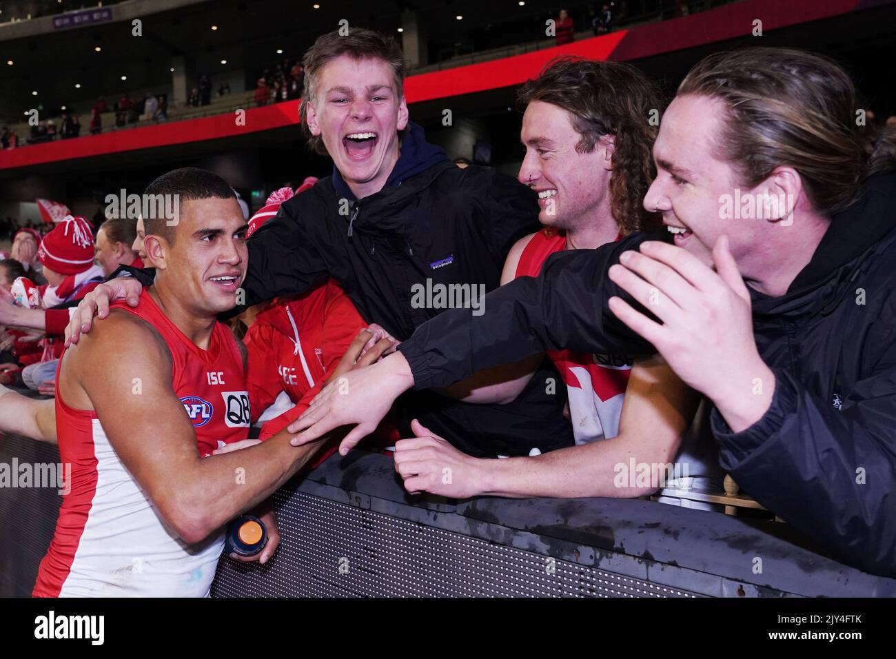 James Bell of the Swans celebrates his win during the Round 22 AFL ...