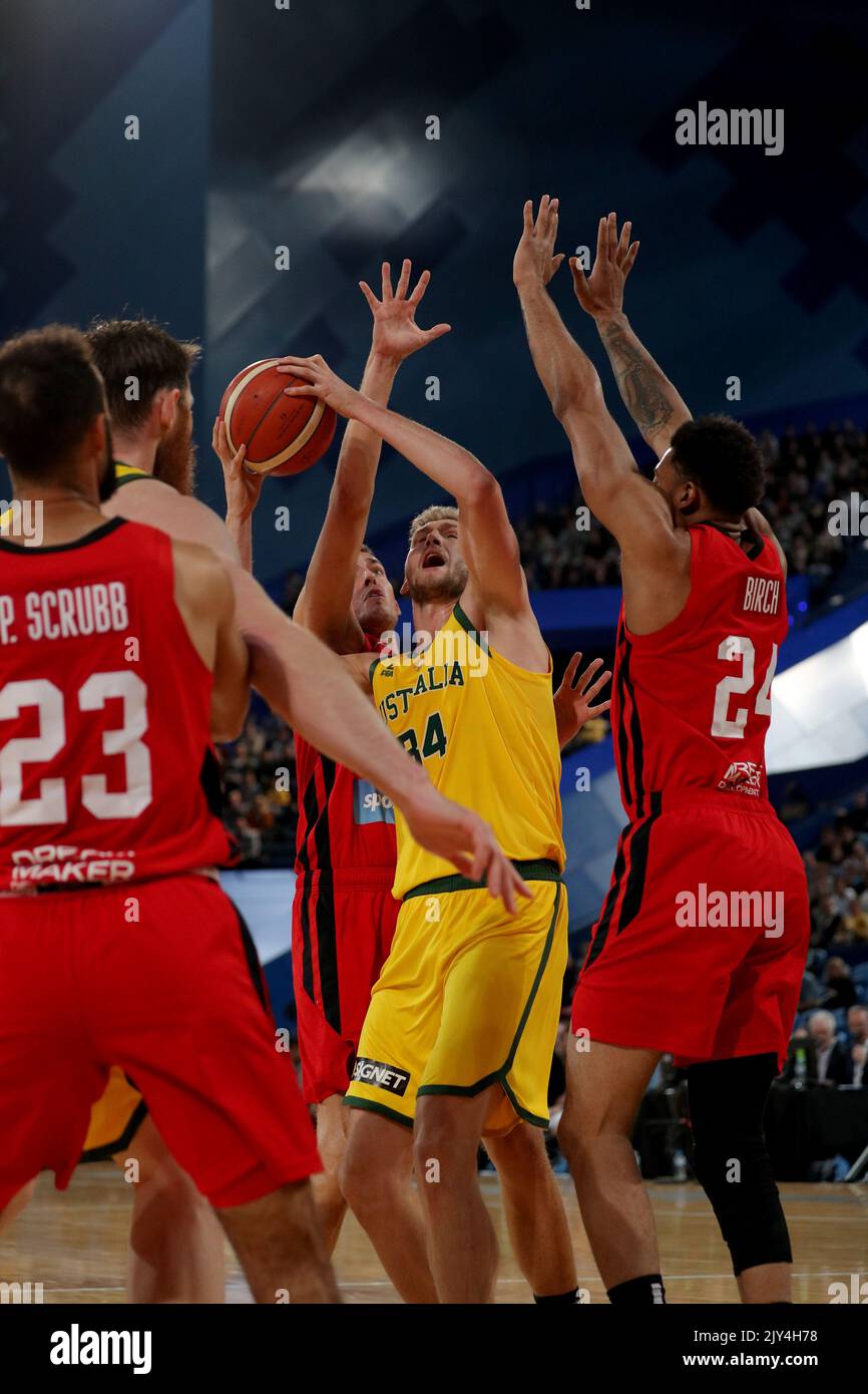Jock Landale of the Boomers in action during the second Australia v ...