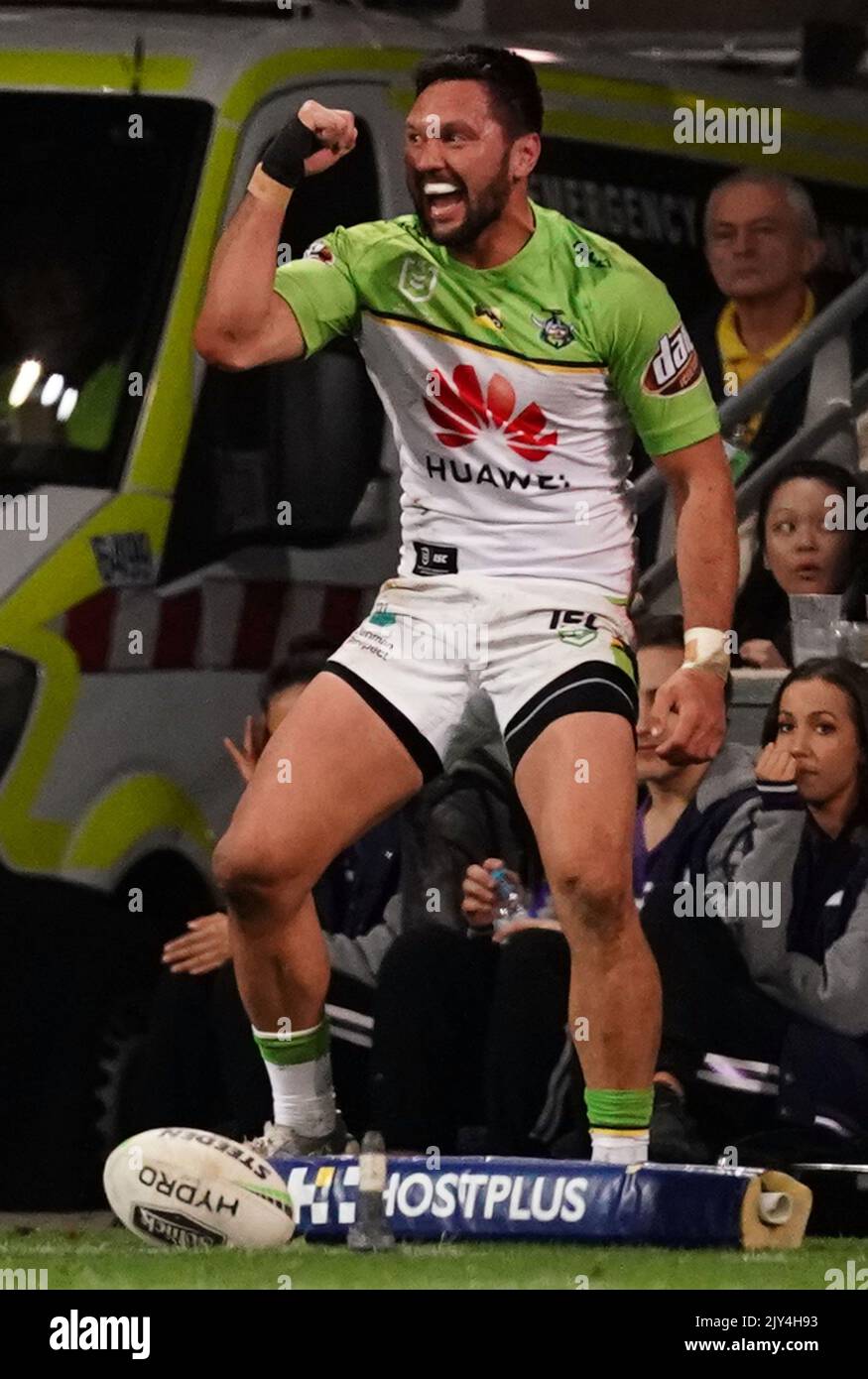 Jordan Rapana of the Raiders celebrates after scoring a try during the ...