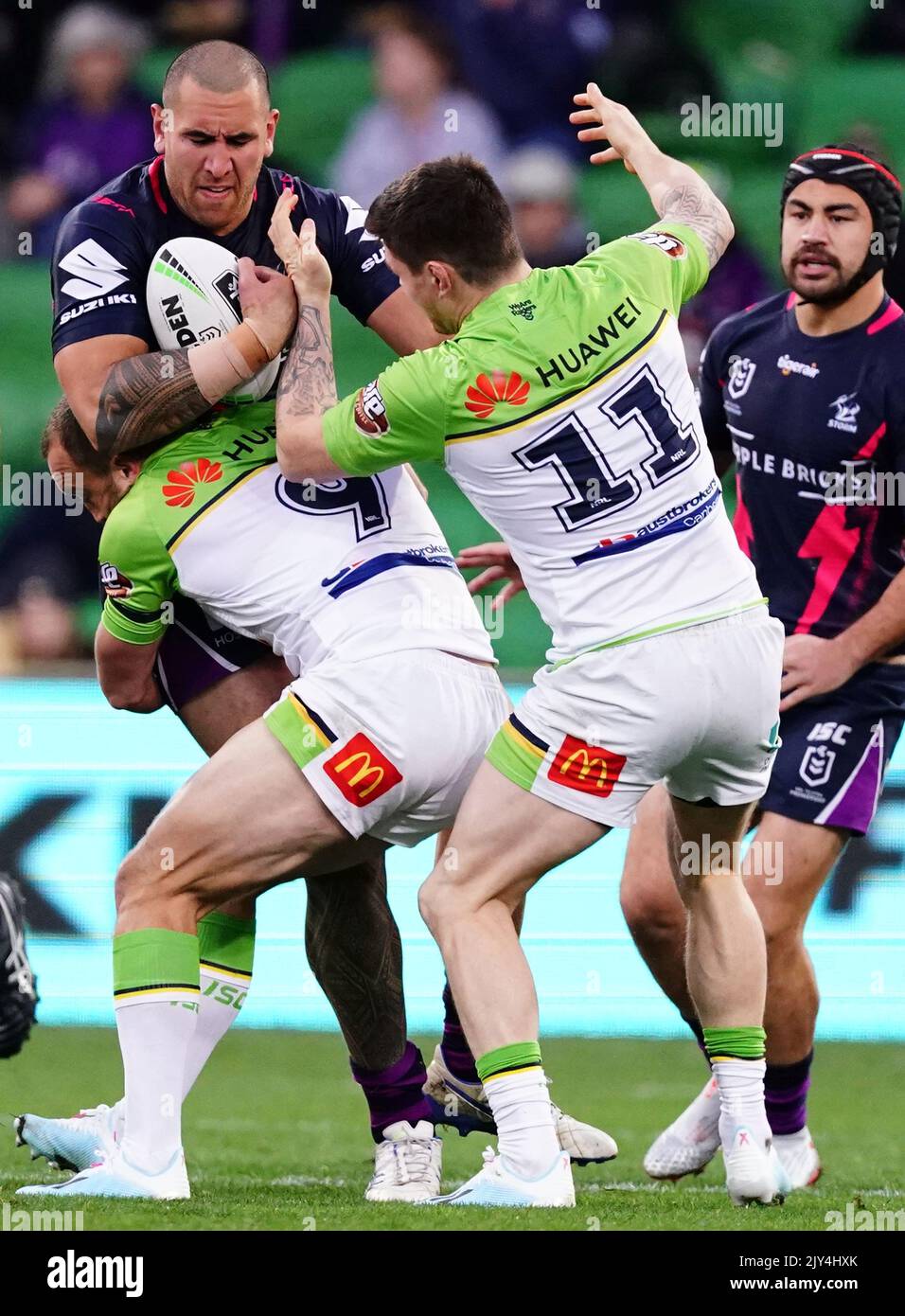 Nelson Asofa-Solomona of the Storm runs with the ball during the Round ...