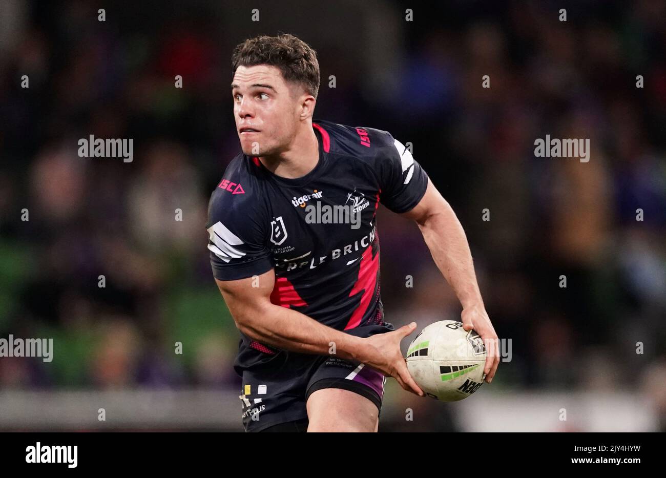 Brodie Croft of the Storm runs with the ball during the Round 22 NRL ...
