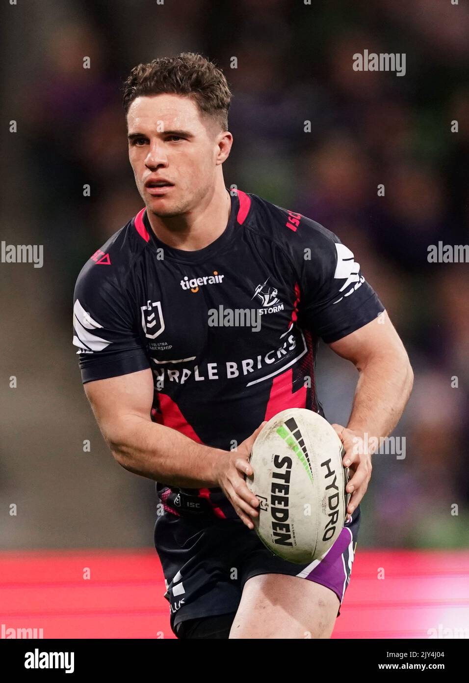Brodie Croft of the Storm runs with the ball during the Round 22 NRL ...