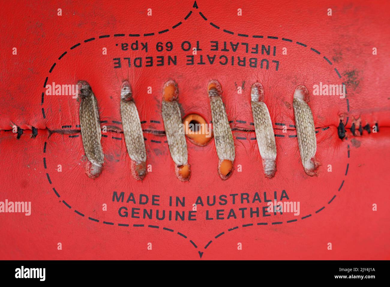 A detailed view of a Sherrin football is seen during the Round 22 AFL ...