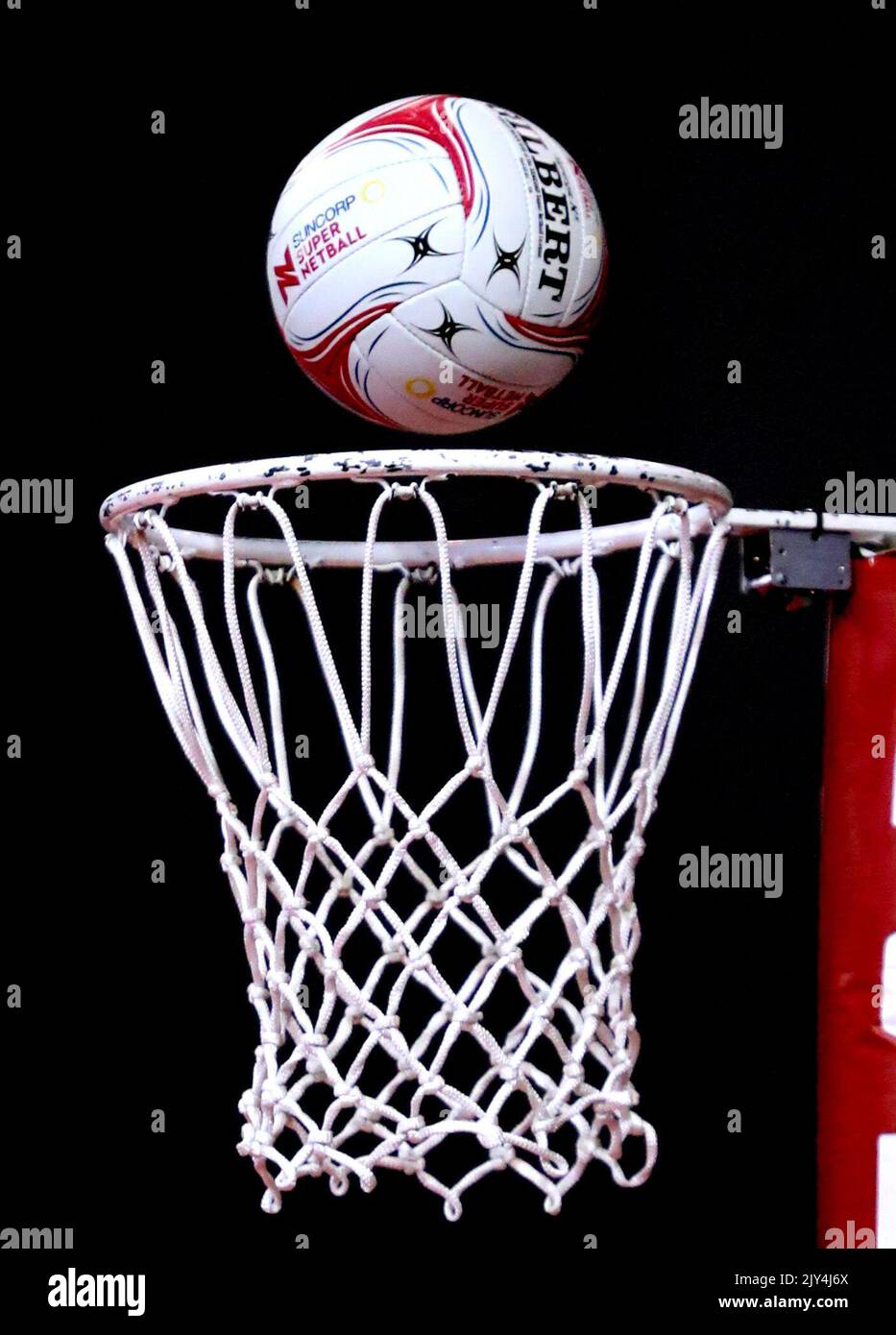 The ball on top of the net during the Round 13 Super Netball match ...