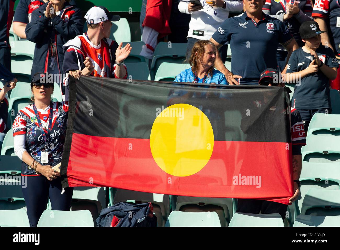 The Aboriginal flag is seen during the Round 22 NRL match between the ...
