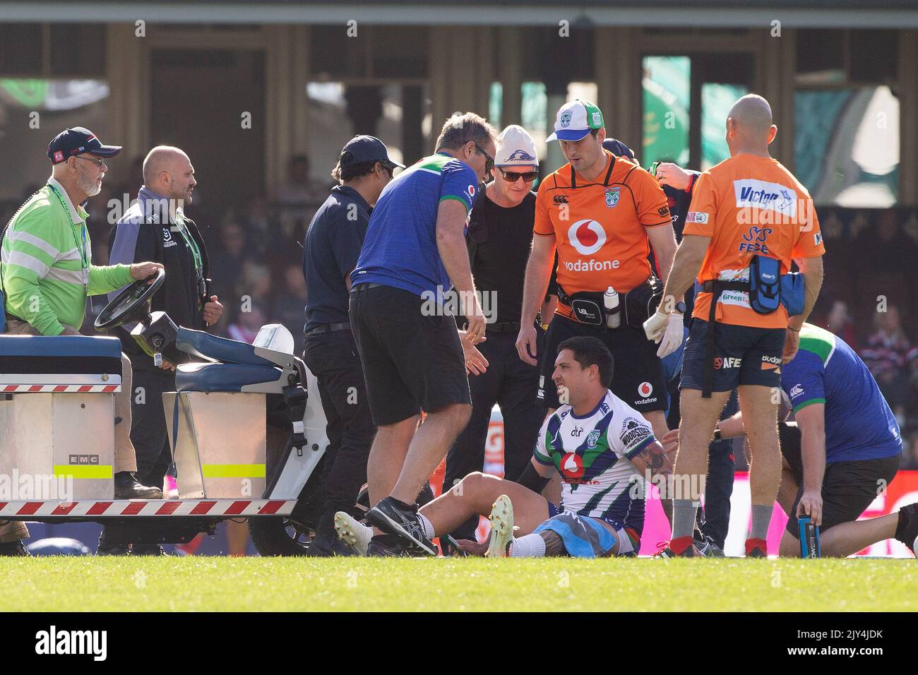 Gerard Beale of the Warriors is taken off the field with an injury ...