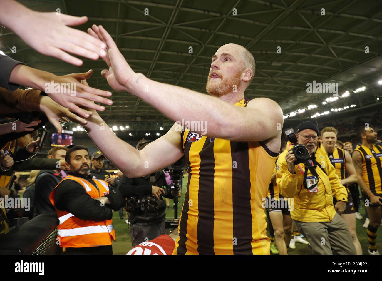Jarryd Roughead of the Hawks gestures to fans after the Round 22 AFL ...
