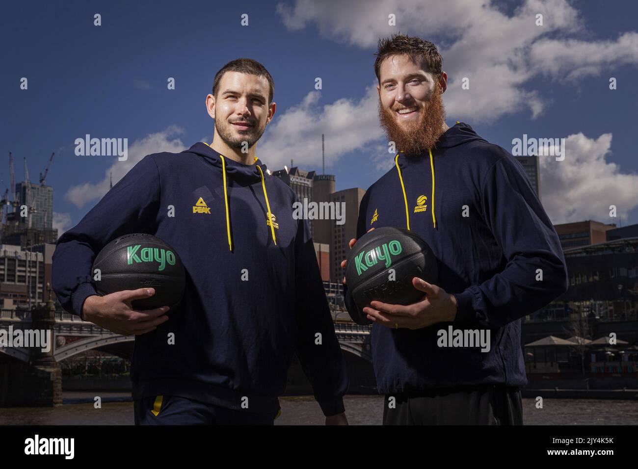 Australian Boomers players Chris Goulding (left) and Aron Baynes pose ...