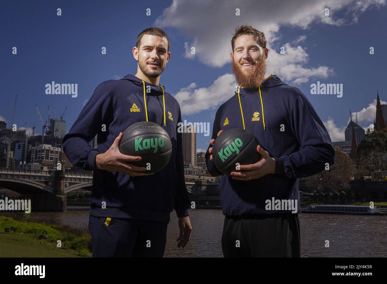 Australian Boomers players Chris Goulding (left) and Aron Baynes pose ...