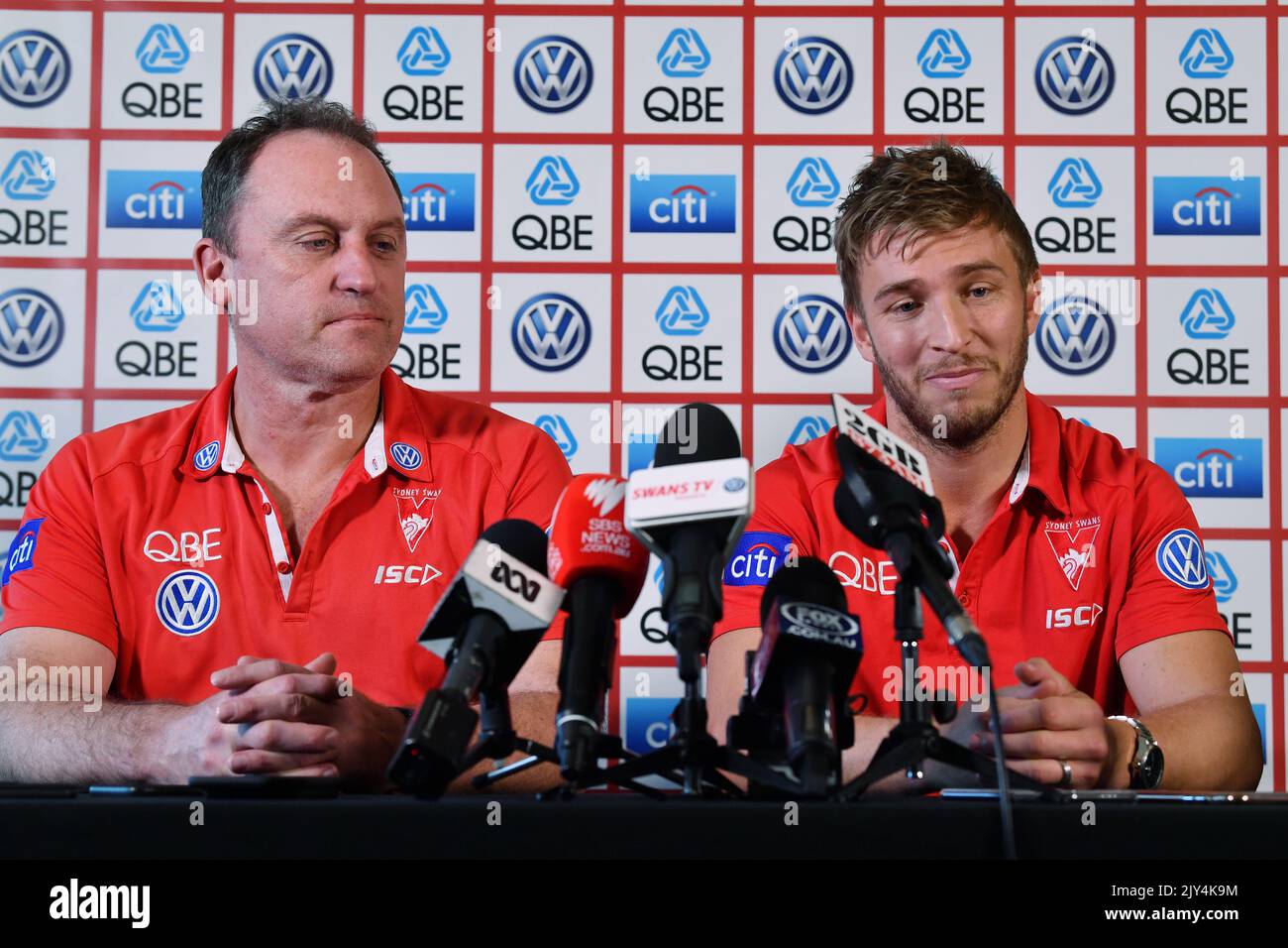 Former Sydney Swans co-captain Kieren Jack (right) is joined by Swans ...