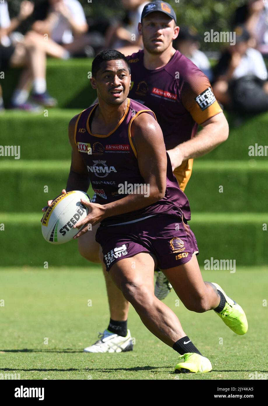 Brisbane Broncos players Anthony Milford (left) and Matt Lodge are seen ...
