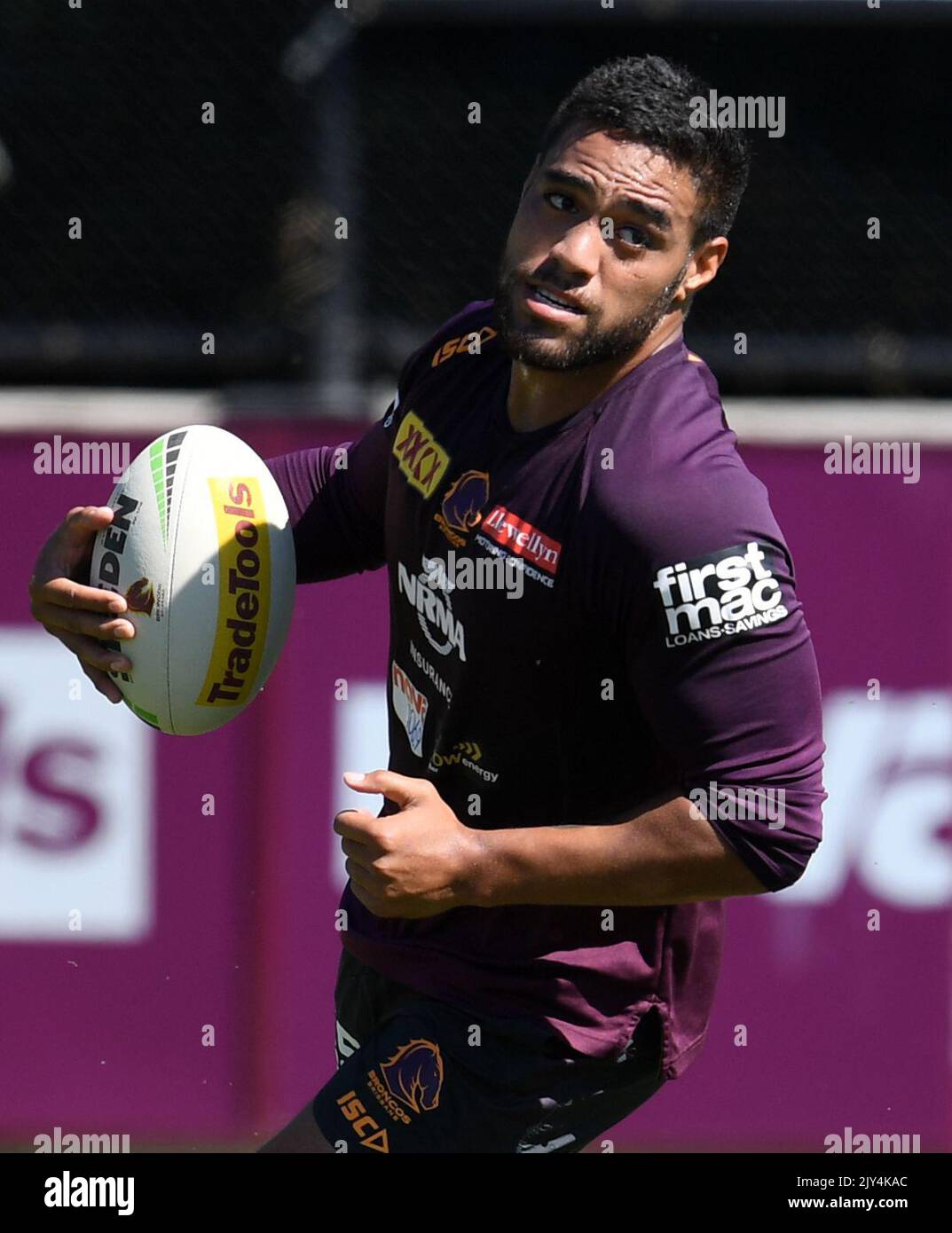 Brisbane Broncos player Joe Ofahengaue is seen during training in ...