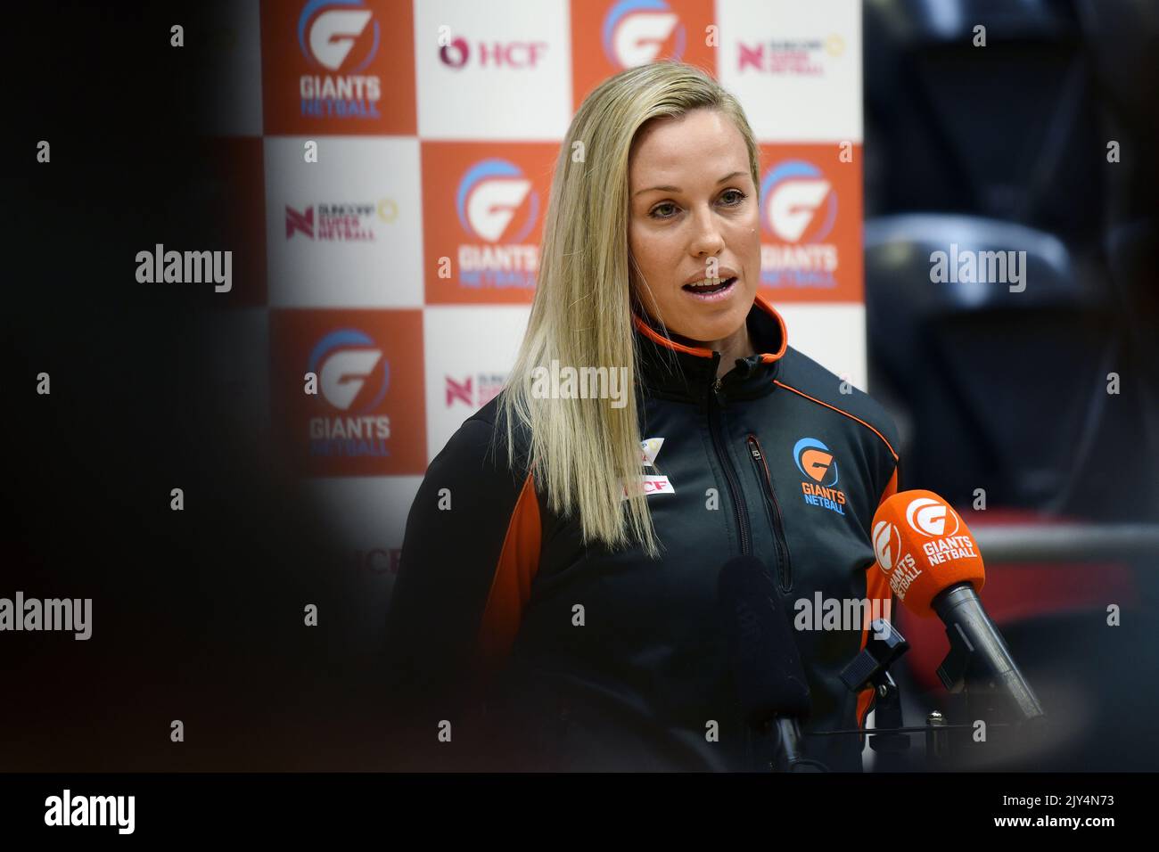 Giants Super Netball captain Kim Green speaks to the media during a ...
