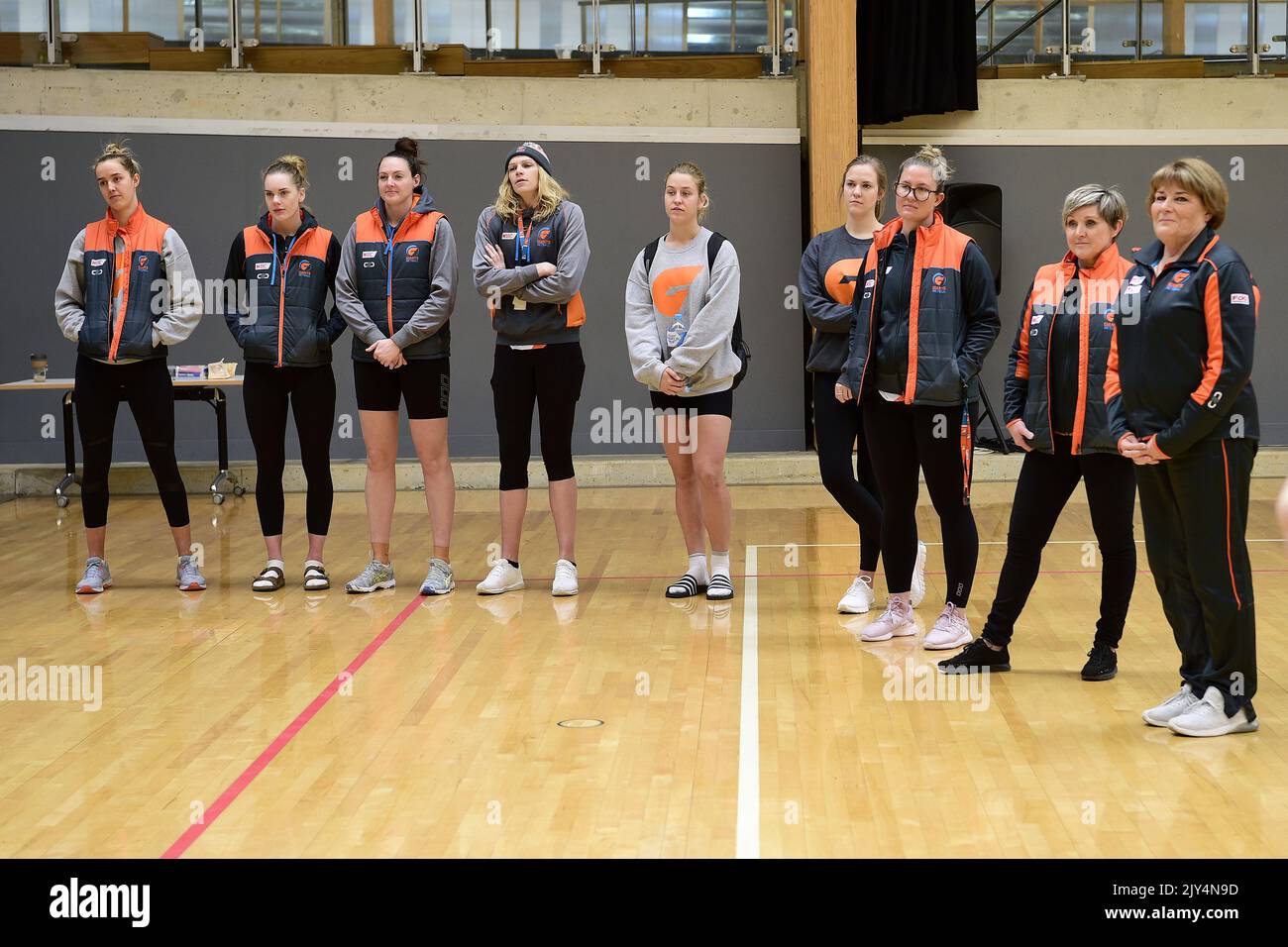 Giants Super Netball players are seen during a press conference at ...