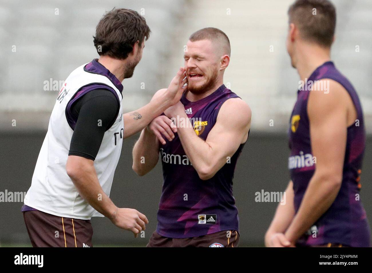 Ben Stratton (left) and Blake Hardwick are seen during a Hawthorn Hawks ...