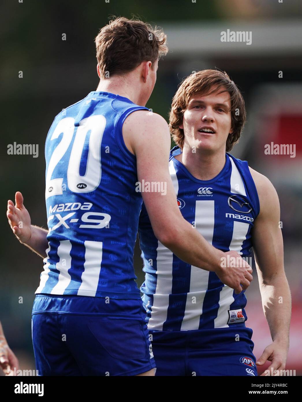 Jared Polec of the Kangaroos celebrates a goal during the Round 23 AFL ...