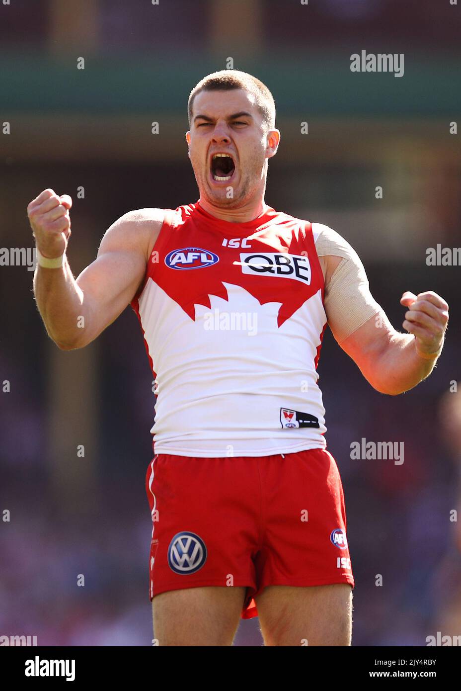 Tom Papley of the Swans celebrates kicking a goal during the Round 23 ...