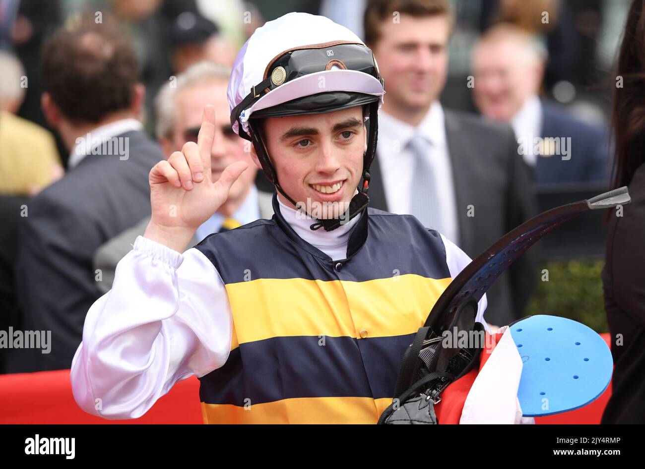 Lachlan King is seen after riding Romancer to victory in race 6, the ...