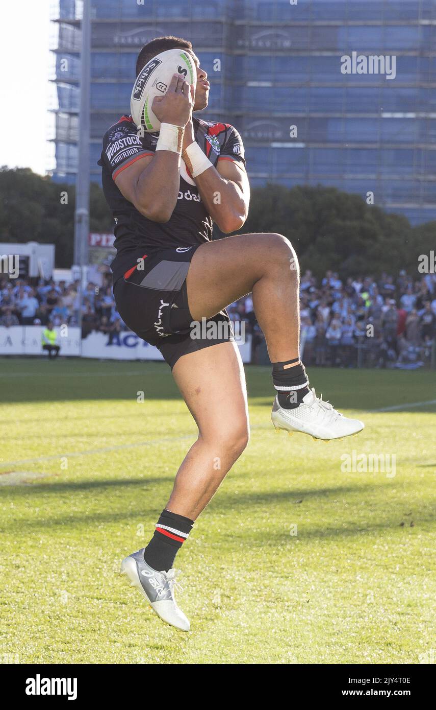 David Fusitua of the Warriors takes a bomb during the Round 23 NRL ...