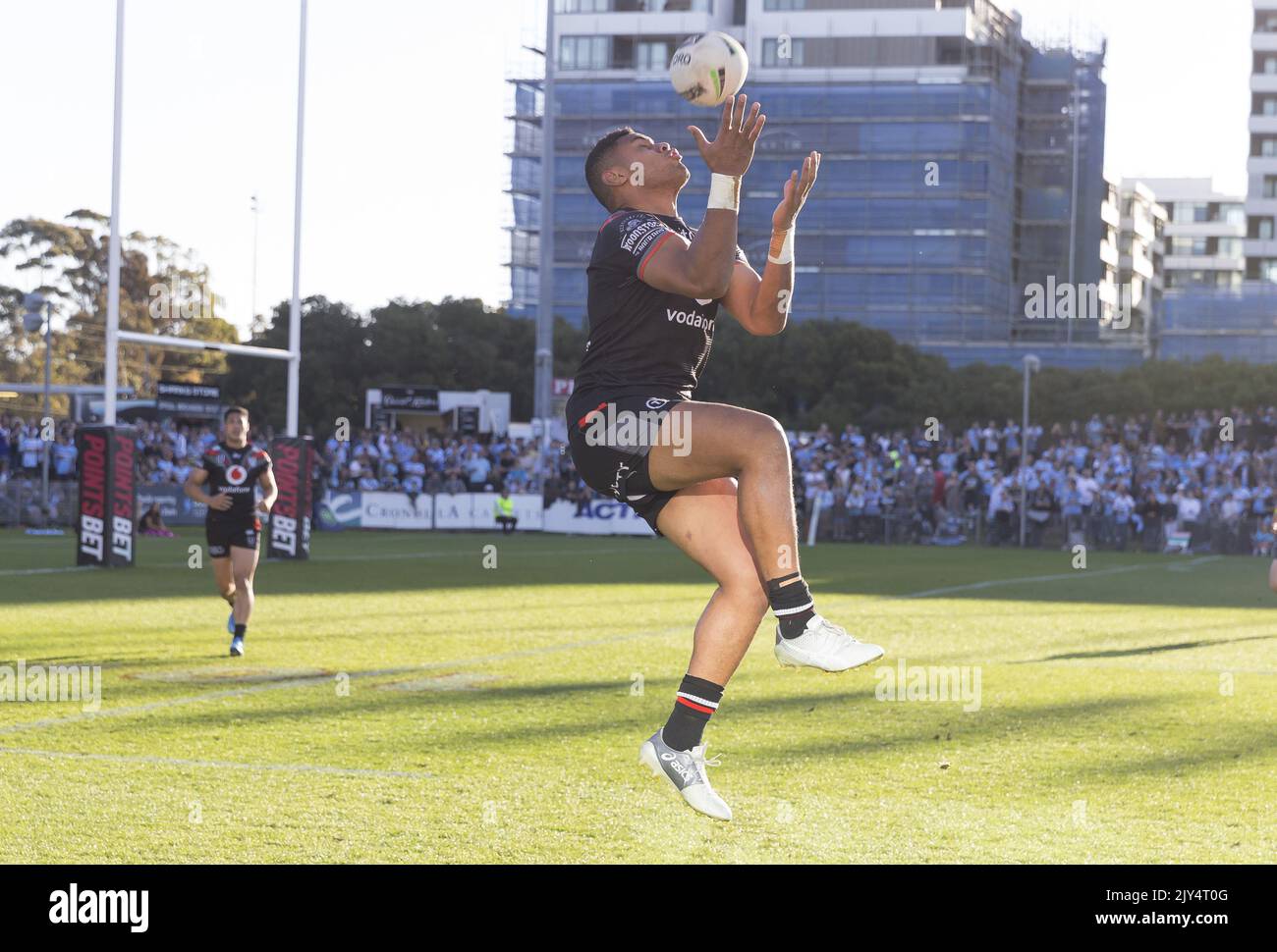 David Fusitua of the Warriors takes a bomb during the Round 23 NRL ...
