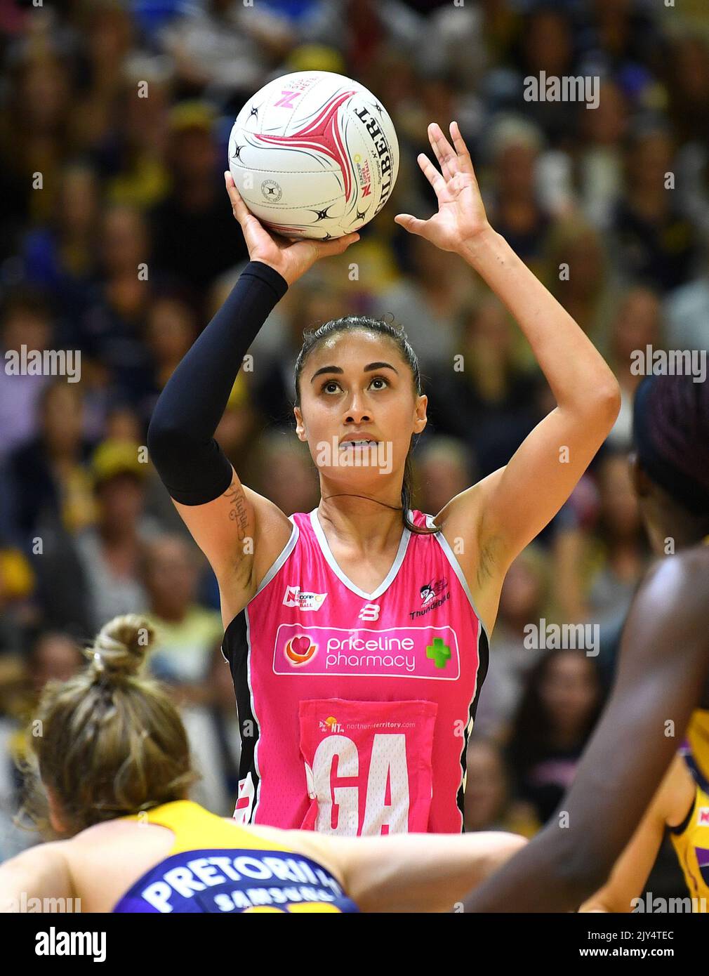 Maria Folau of the Thunderbirds prepares to shoot during the Round 14 ...