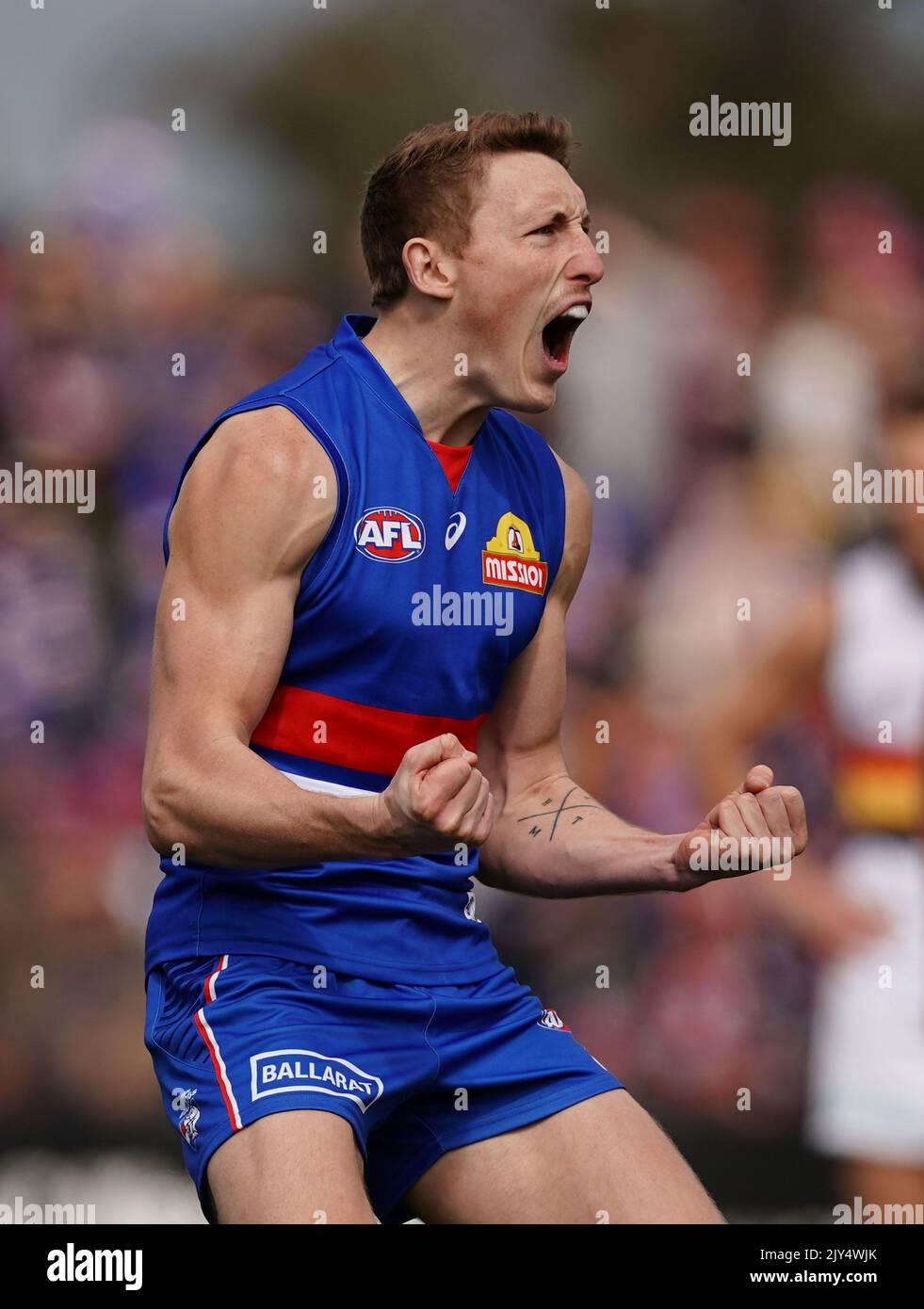 Bailey Dale of the Bulldogs celebrates after kicking a goal during the ...