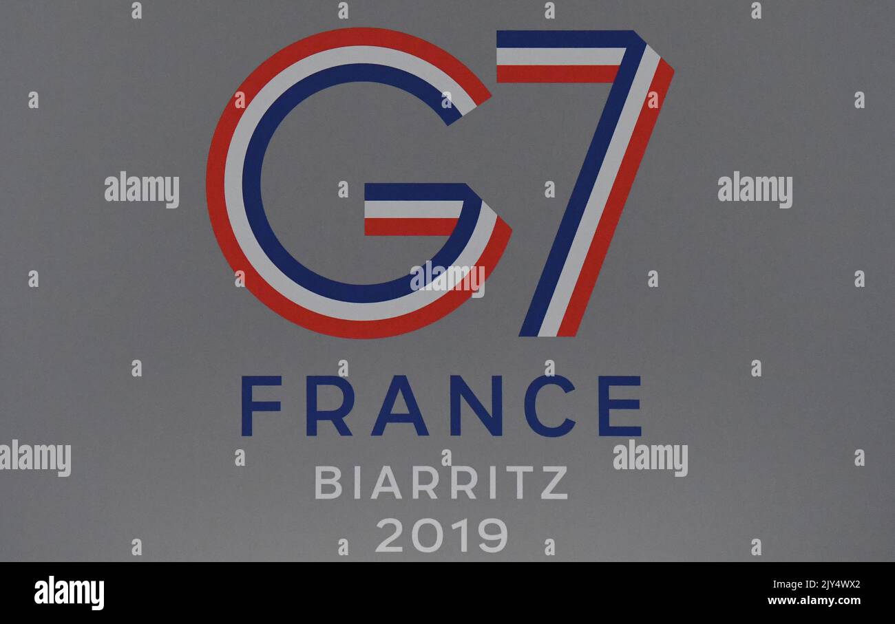 The G7 logo is seen during the G7 Summit in the town of Biarritz, 800km ...