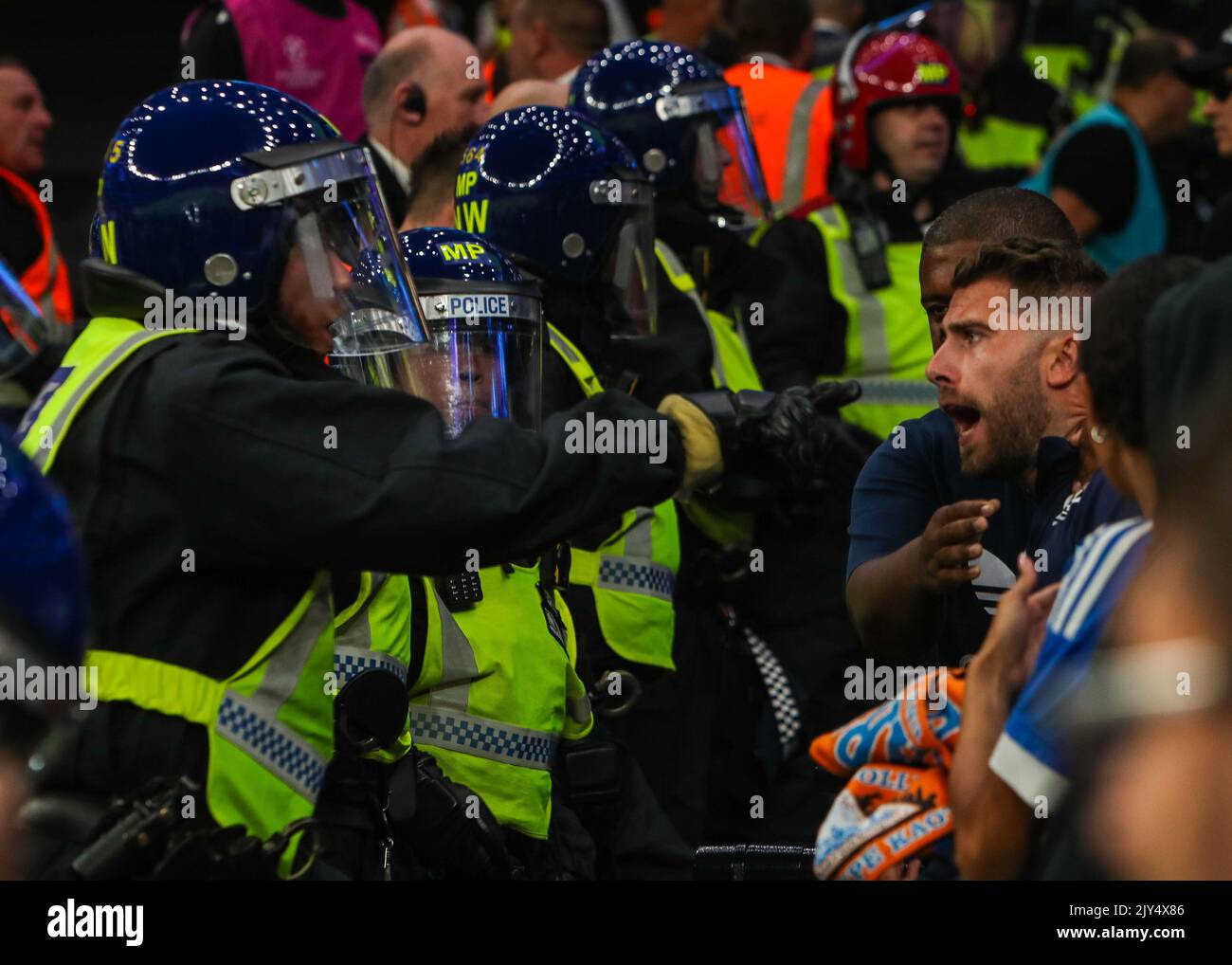 London, UK. 07th Sep, 2022. Riot police move into the away end during ...