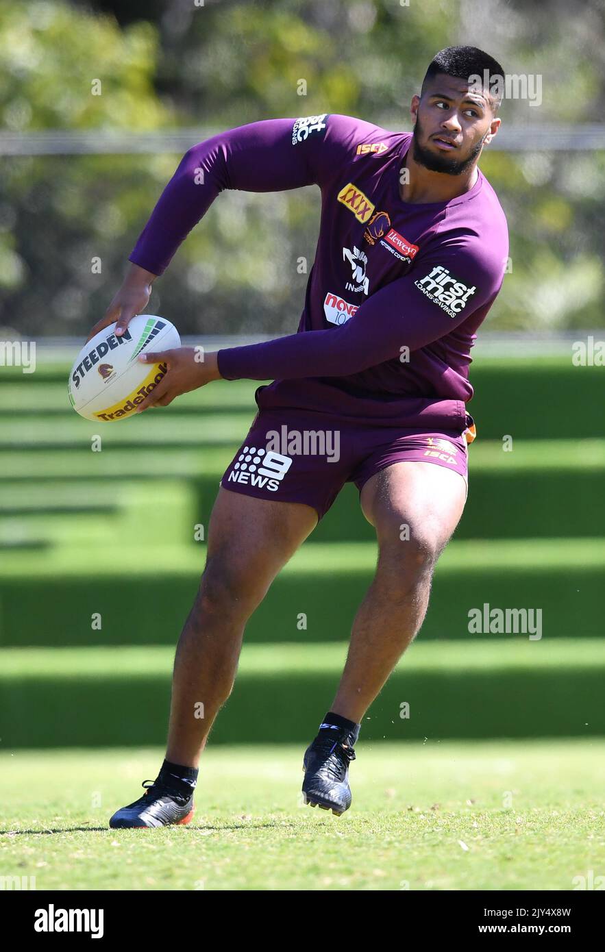 Payne Haas in action during Brisbane Broncos training at Clive ...