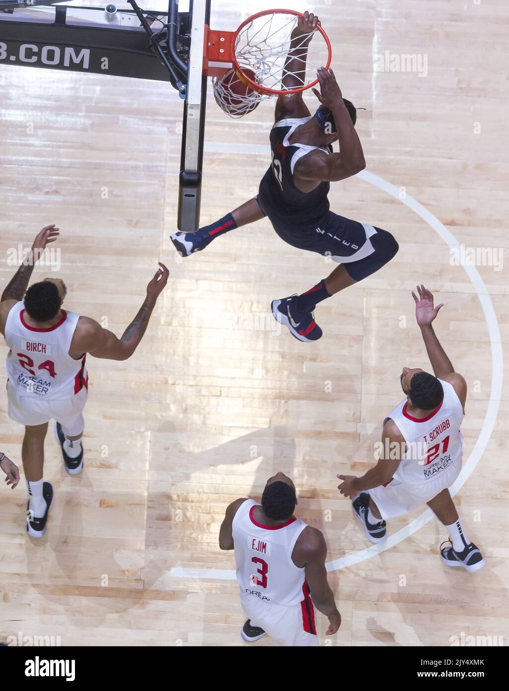 Myles Turner of the USA scores a reverse slam dunk during the Pre-FIBA ...