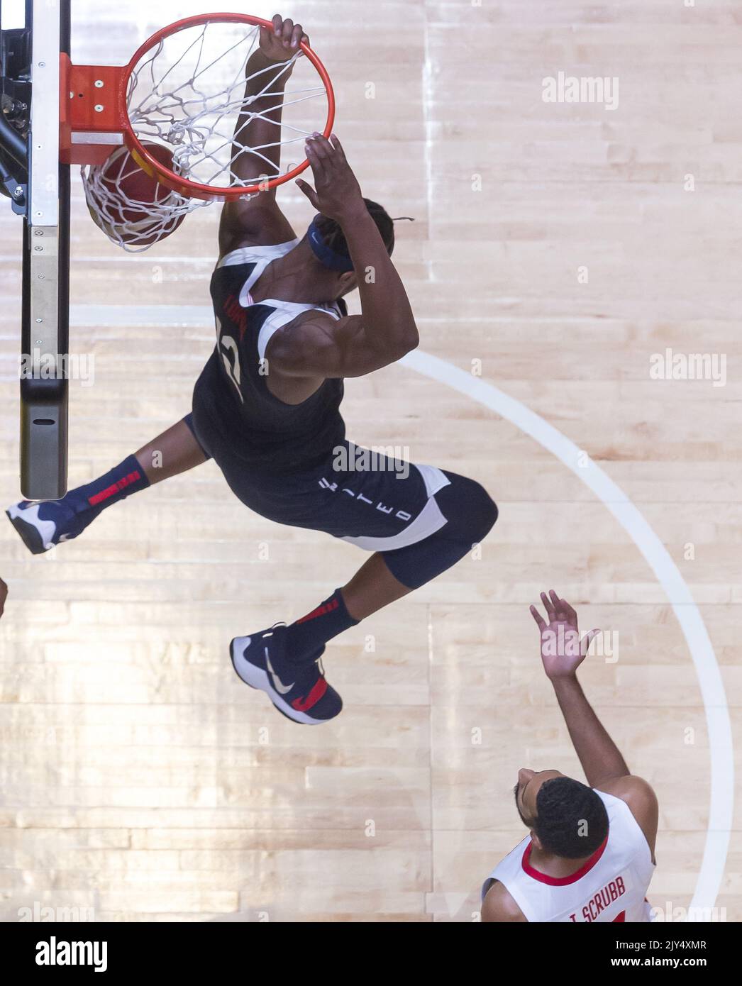 Myles Turner of the USA scores a reverse slam dunk during the Pre-FIBA ...