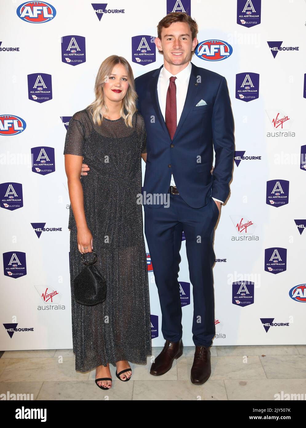 Harris Andrews of the Lions and his guest arrive during the 2019 Virgin ...