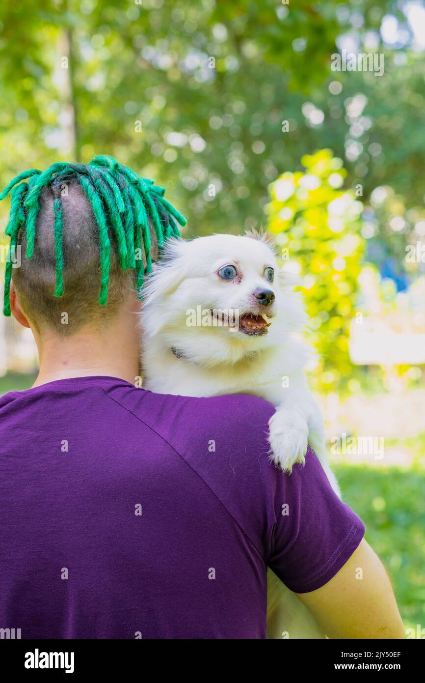 Rear view of man with green dreadlocks holding fluffy white dog on ...