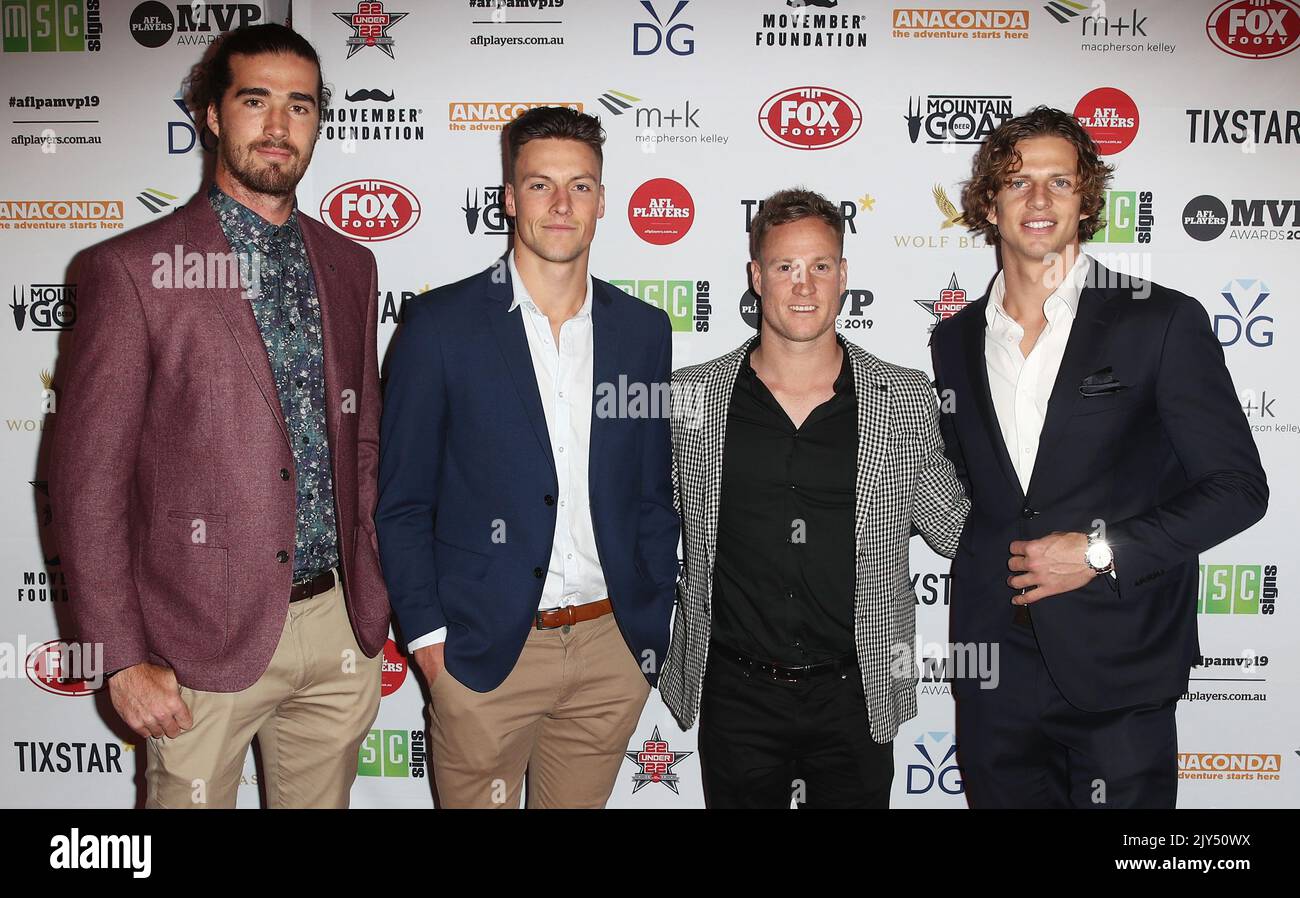 Alex Pearce, Ethan Hughes, Brandon Matera and Nat Fyfe of the Dockers ...