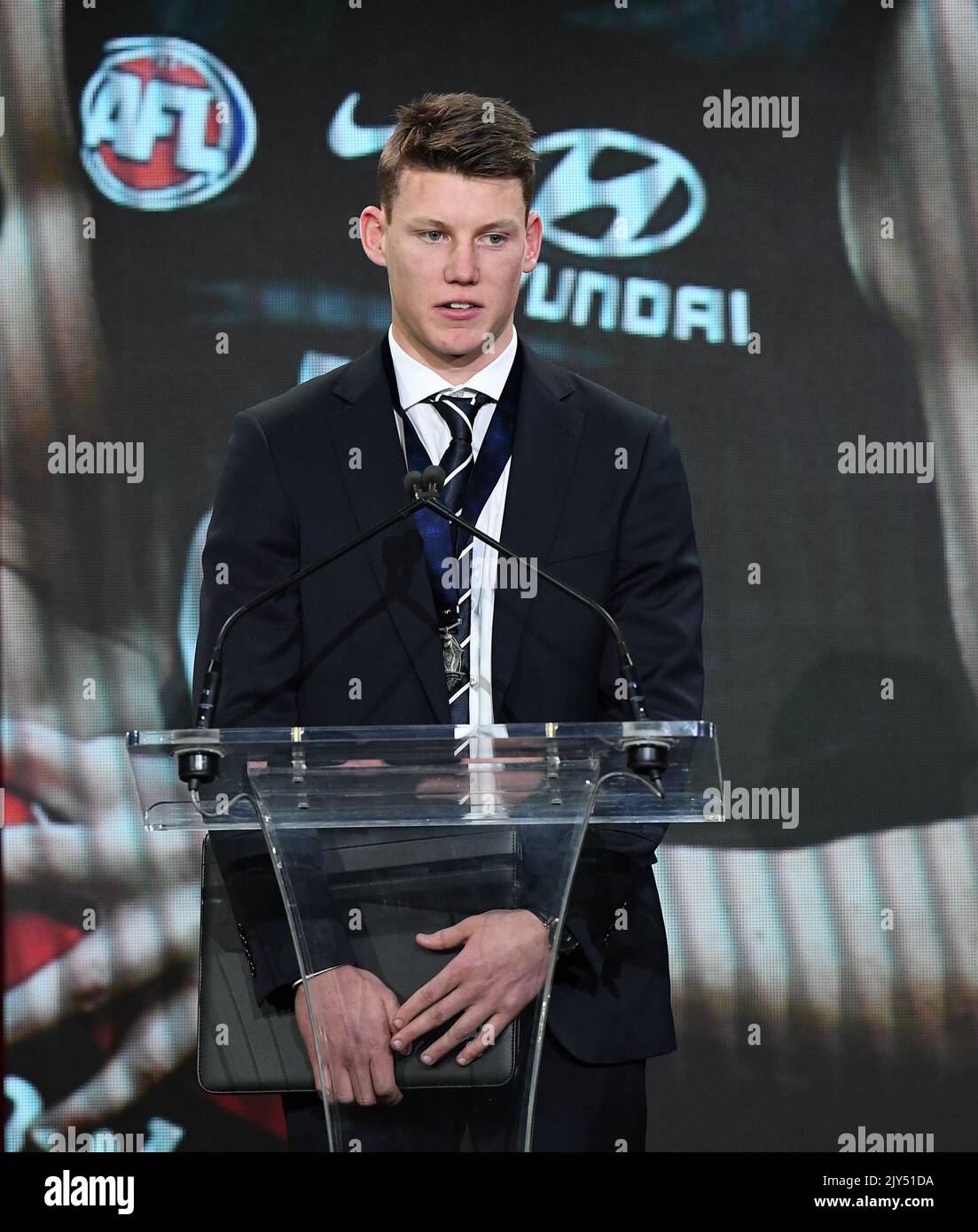 NAB Rising Star Sam Walsh of the Carlton Blues speaks during the AFL ...