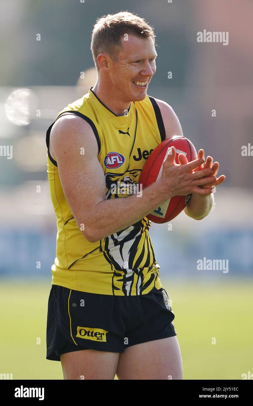 Jack Riewoldt reacts during a Richmond Tigers training session at the ...