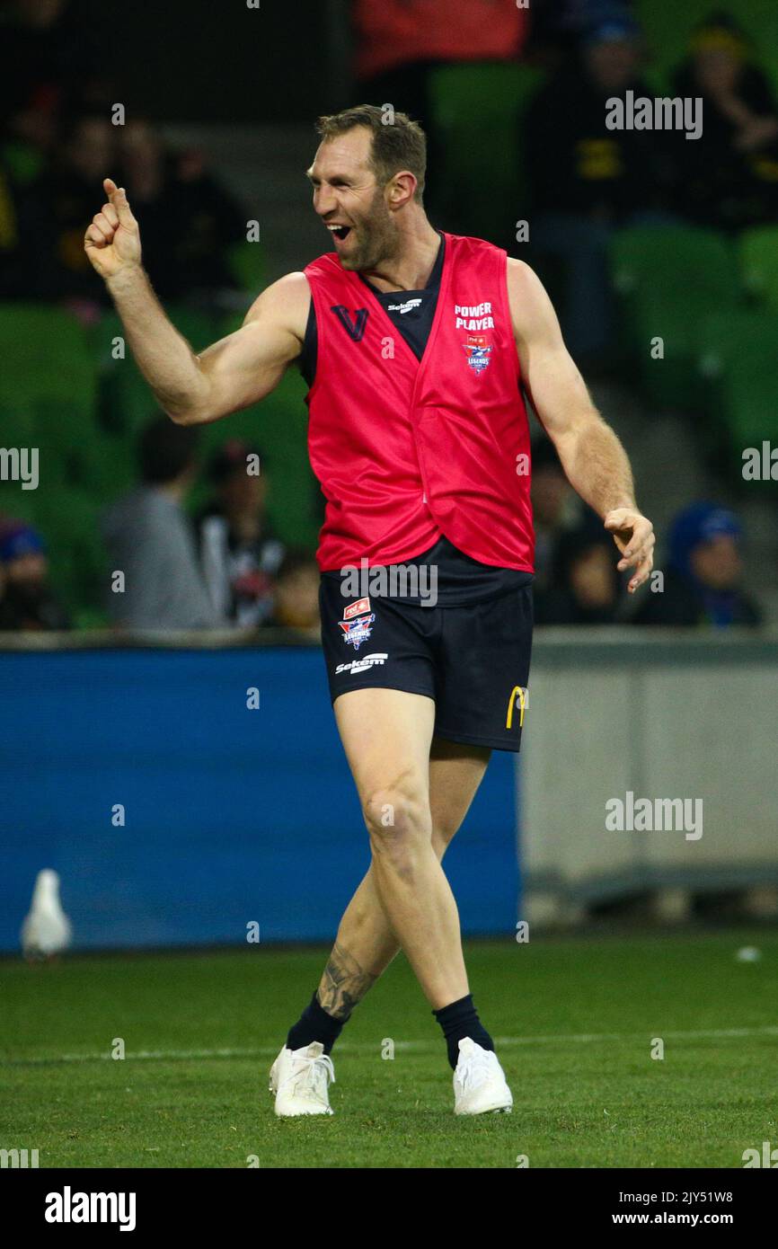 Travis Cloke of the Vics celebrates a goal during the 2019 E.J. Whitten ...