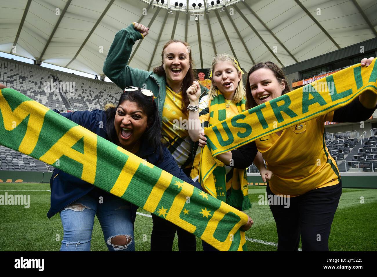 Matildas fans (L-R) Michelle Prasad, Erin McInerney, Rachel Perry, and ...