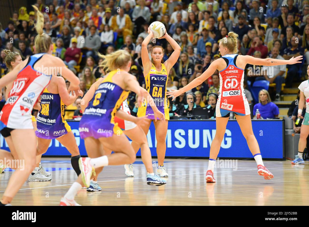 Stephanie Wood (centre) of the Lightning in action during the Super ...