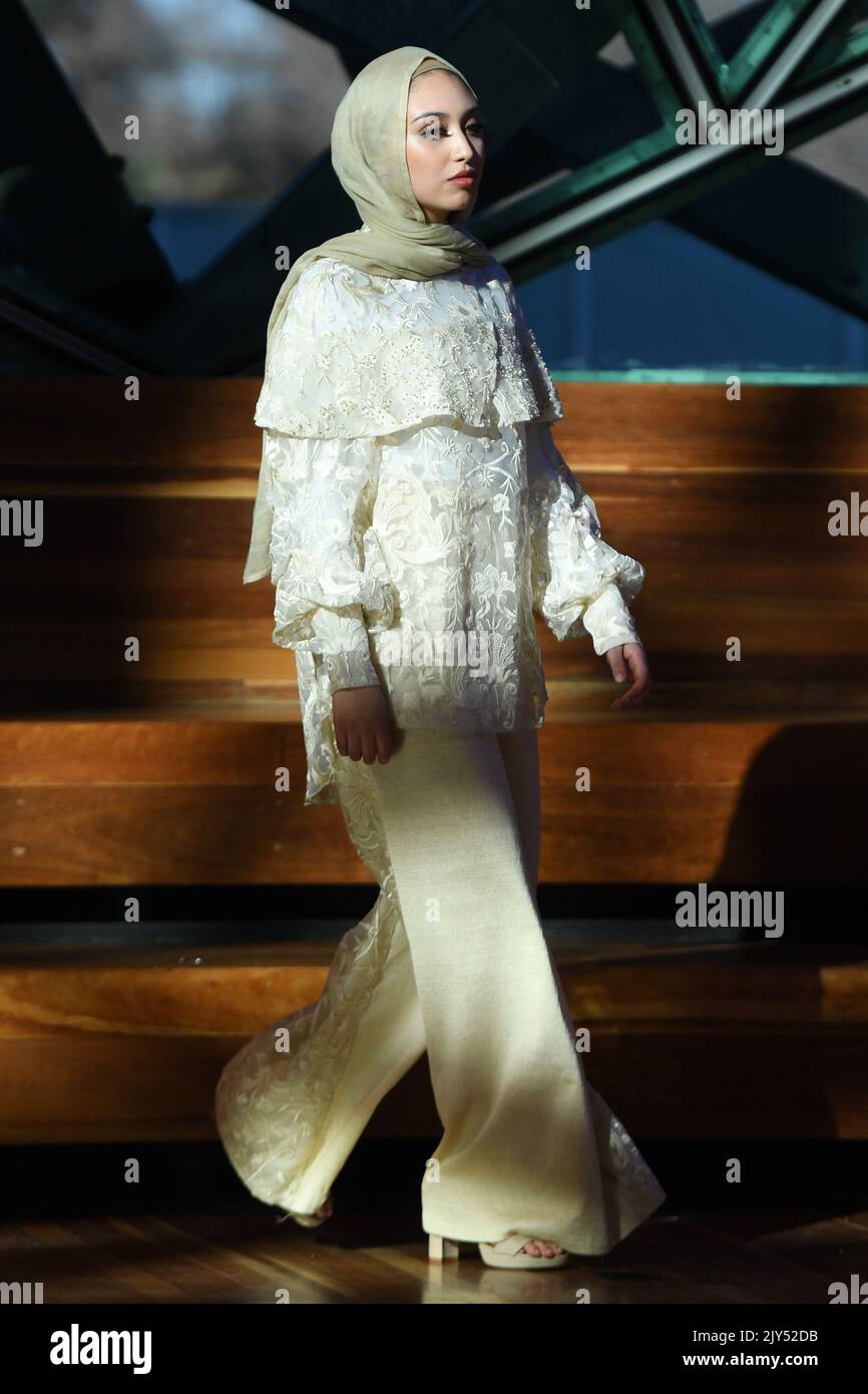 A model walks the First Modest runway wearing a Yasmin Jay outfit at ...