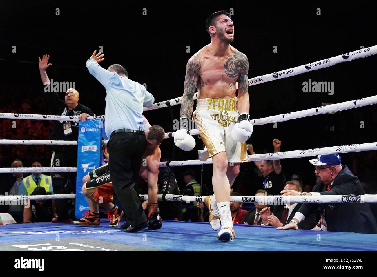 Australian boxer Michael Zerafa celebrates the win against Jeff Horn ...