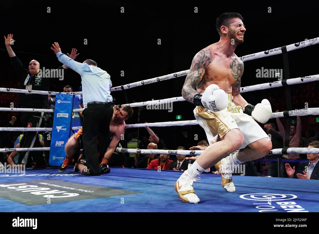 Australian boxer Michael Zerafa celebrates the win against Jeff Horn ...