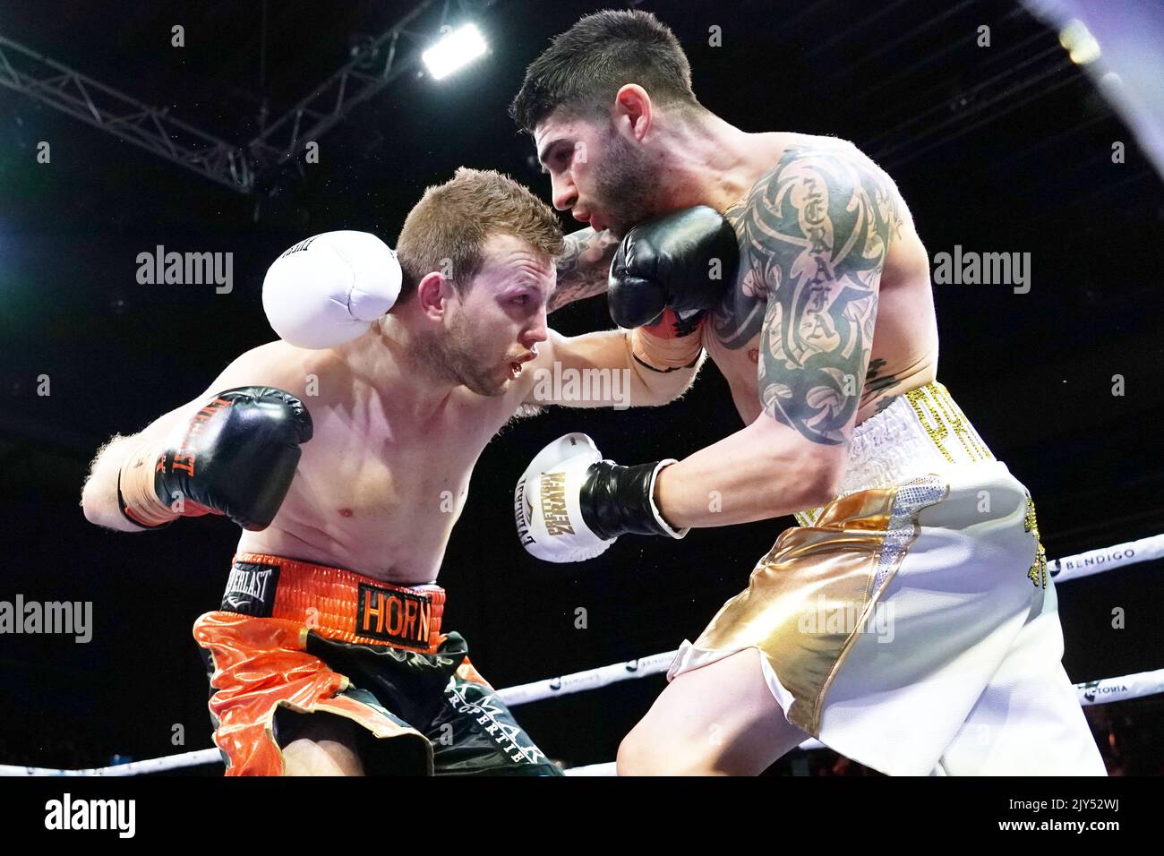 Australian boxers Jeff Horn and Michael Zerafa compete during the ...