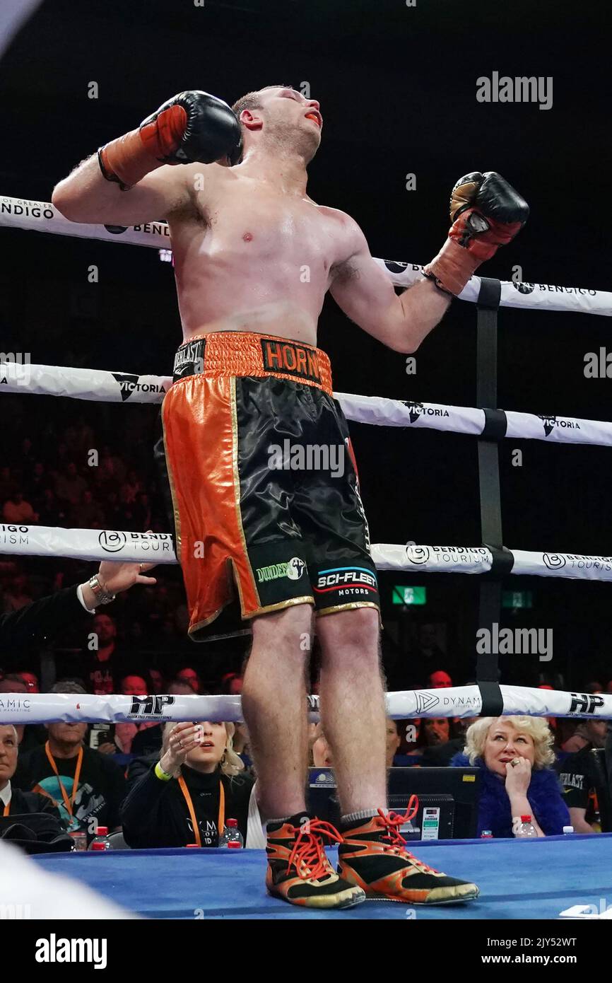 Australian boxers Jeff Horn slumps against the rope against Michael ...