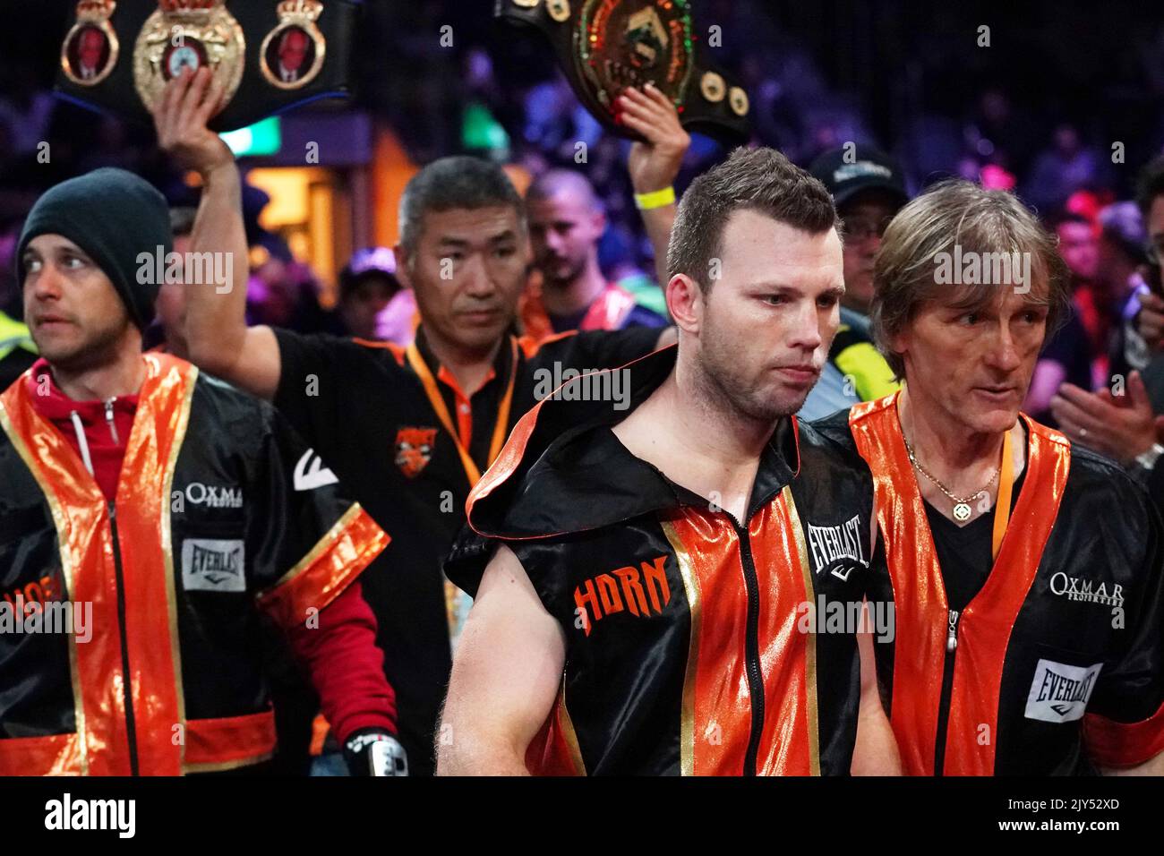 Australian boxer Jeff Horn walks to the ring to fight Michael Zerafa ...