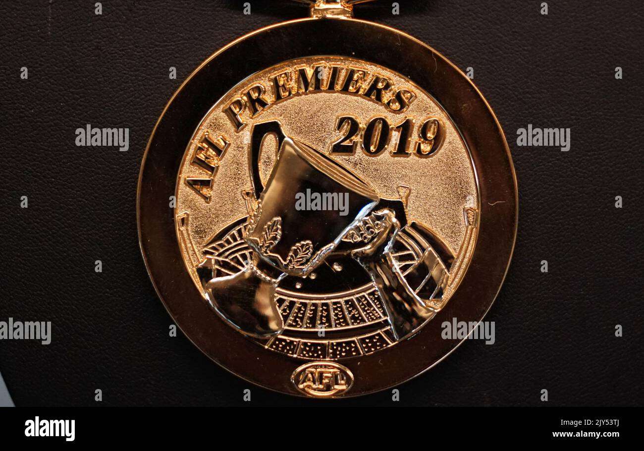 The AFL Premiers Medal 2019 sits on display during the 2019 Toyota AFL ...
