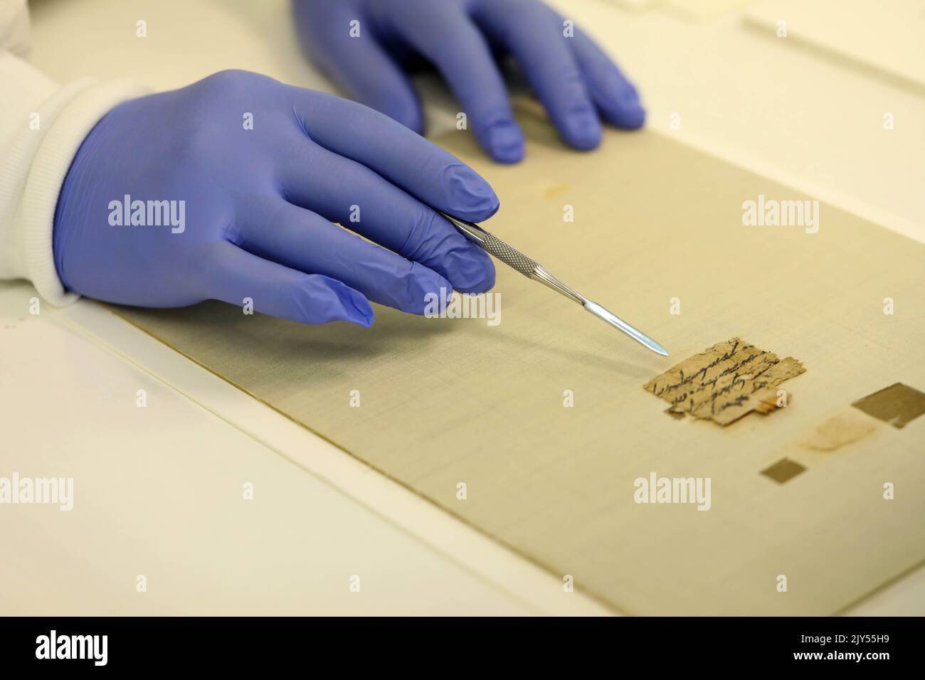 Jerusalem. 7th Sep, 2022. A researcher shows a papyrus fragment of an ...